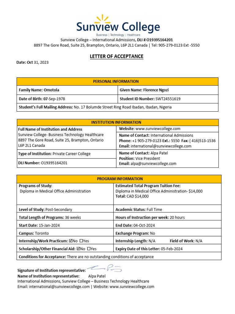 Letter of Acceptance - SWT24551619 Omotola Florence Ngozi | PDF ...