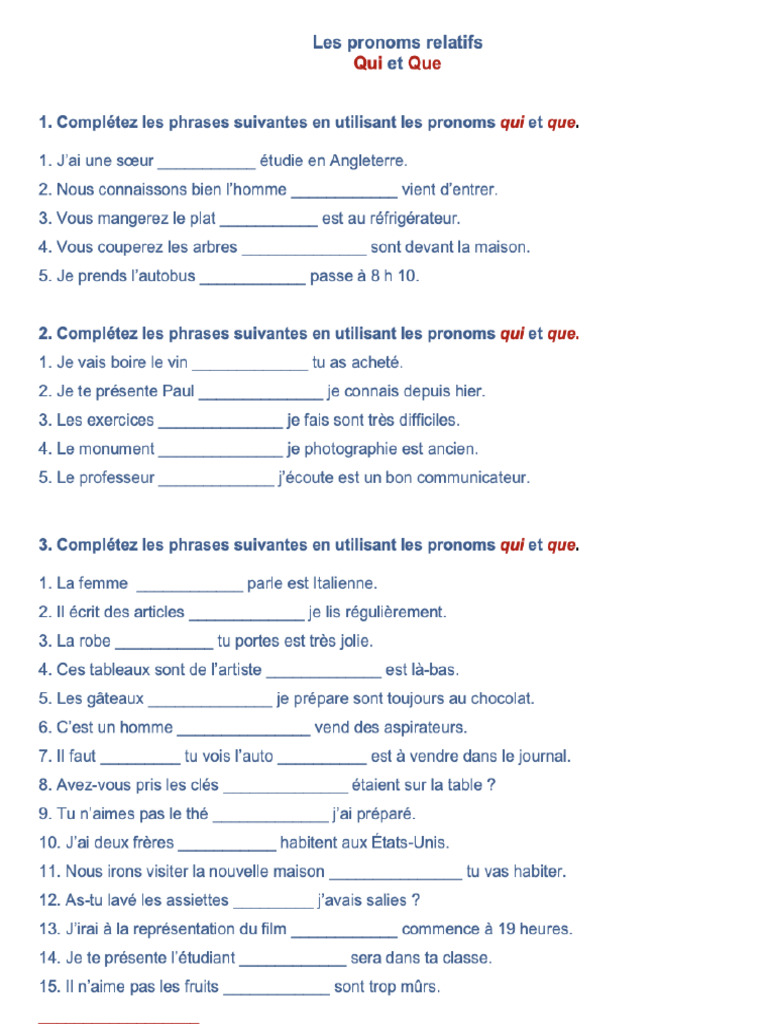 Les Pronoms Relatifs Qui Que | PDF