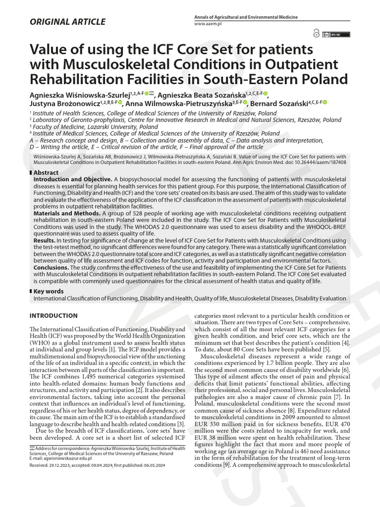 ICF Core Set in Musculoskeletal Rehab | PDF | Physical Therapy | Body ...