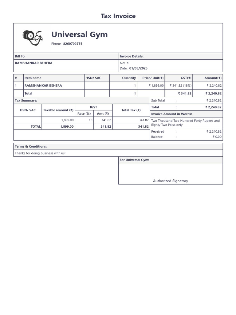 Tax Invoice for Universal Gym Services | PDF