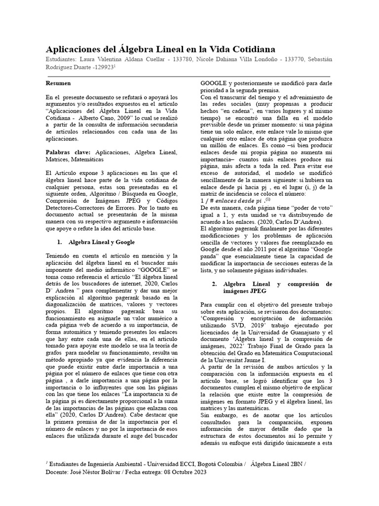 Aplicaciones Del Álgebra Lineal en La Vida Cotidiana | PDF | Compresión de datos | Datos