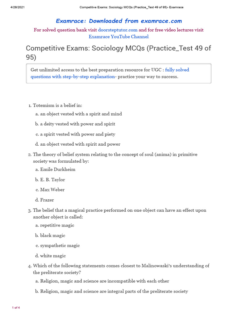 Sociology MCQs Practice Test 49 2 | PDF | Social Stratification | Émile ...