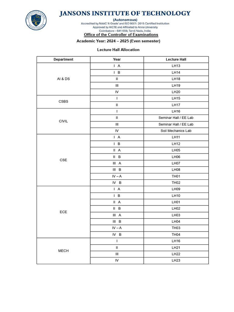 Lecture Hall Allocation 2024-2025 | PDF