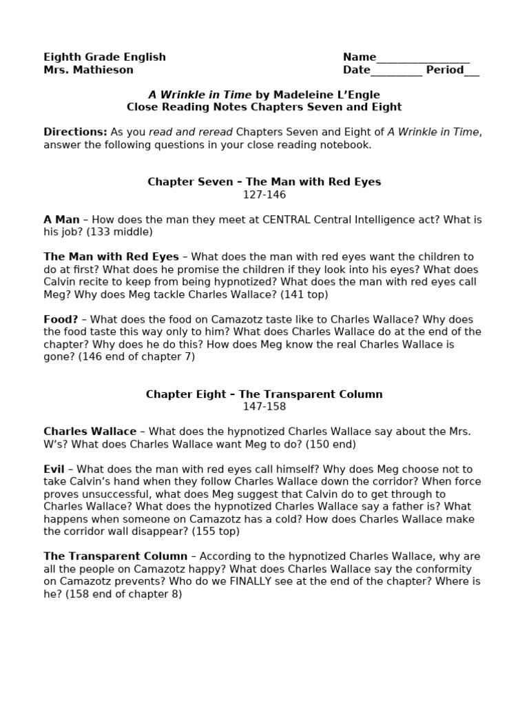Close Reading Notes - Chapters Seven and Eight Handout | PDF