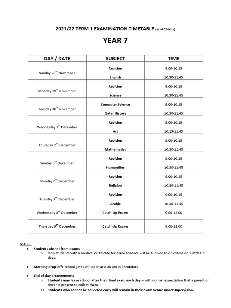 Year 7 Term One Examination Timetable | PDF