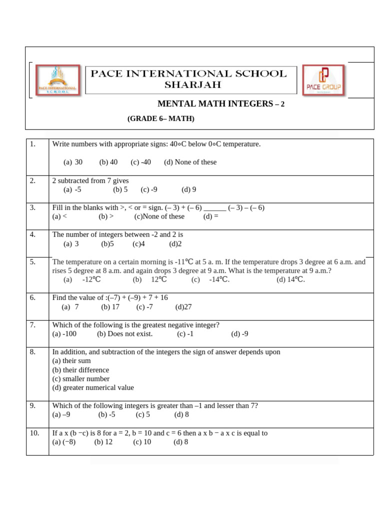 Mental Math GR-6 Integers - 2 | PDF