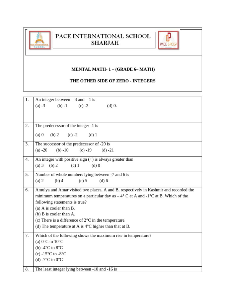 GR - 6 Mental Math - Integers - 1 | PDF