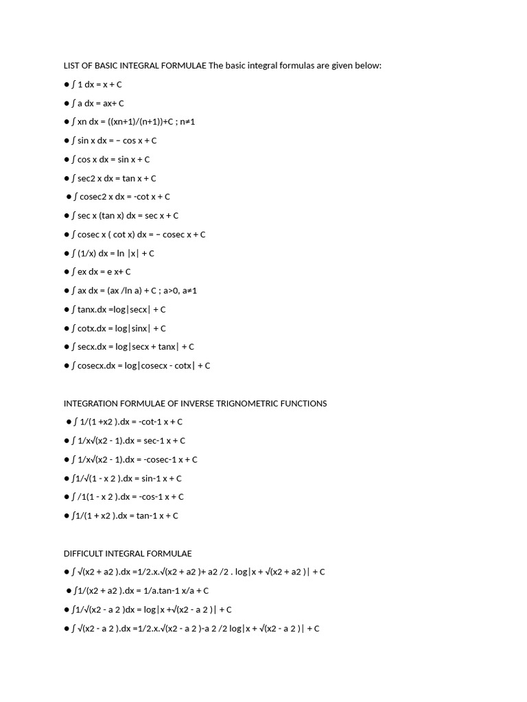 List of Basic Integral Formulae | PDF