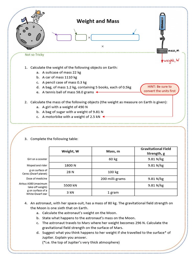 Mass and Weight Calculation Worksheet | PDF | Weight | Mass
