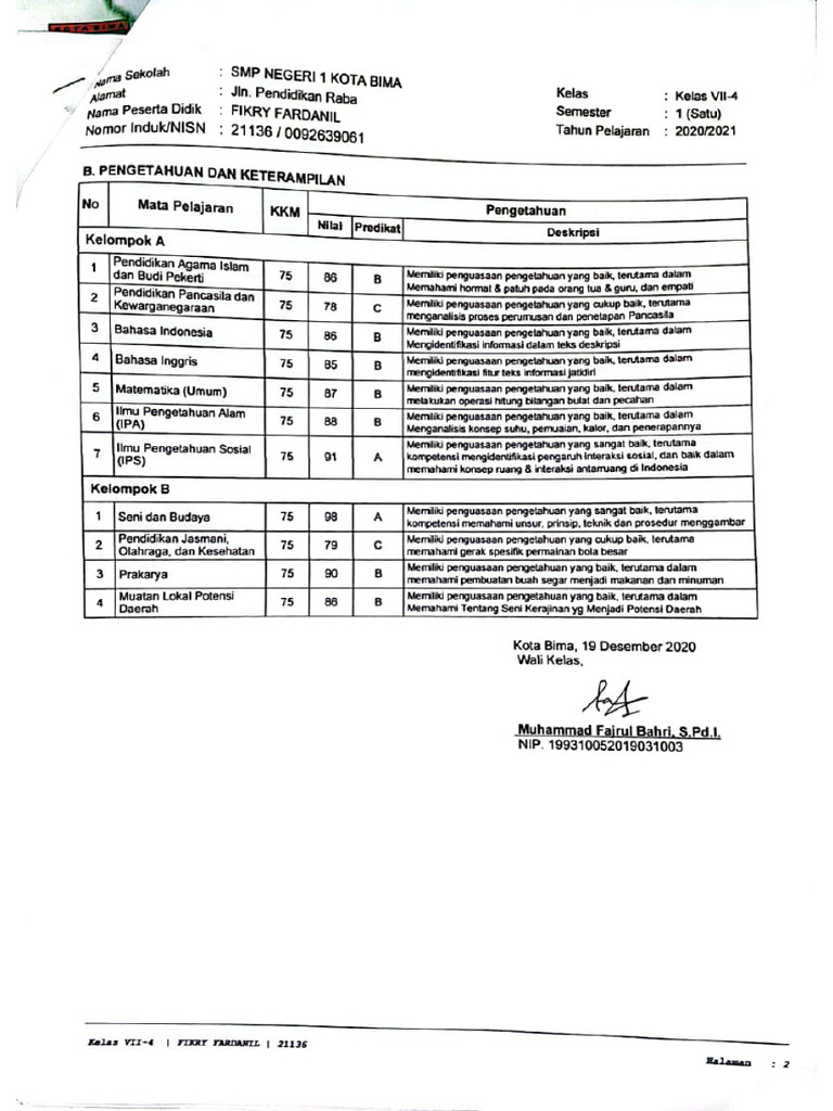 Nilai Raport Semester 1 | PDF