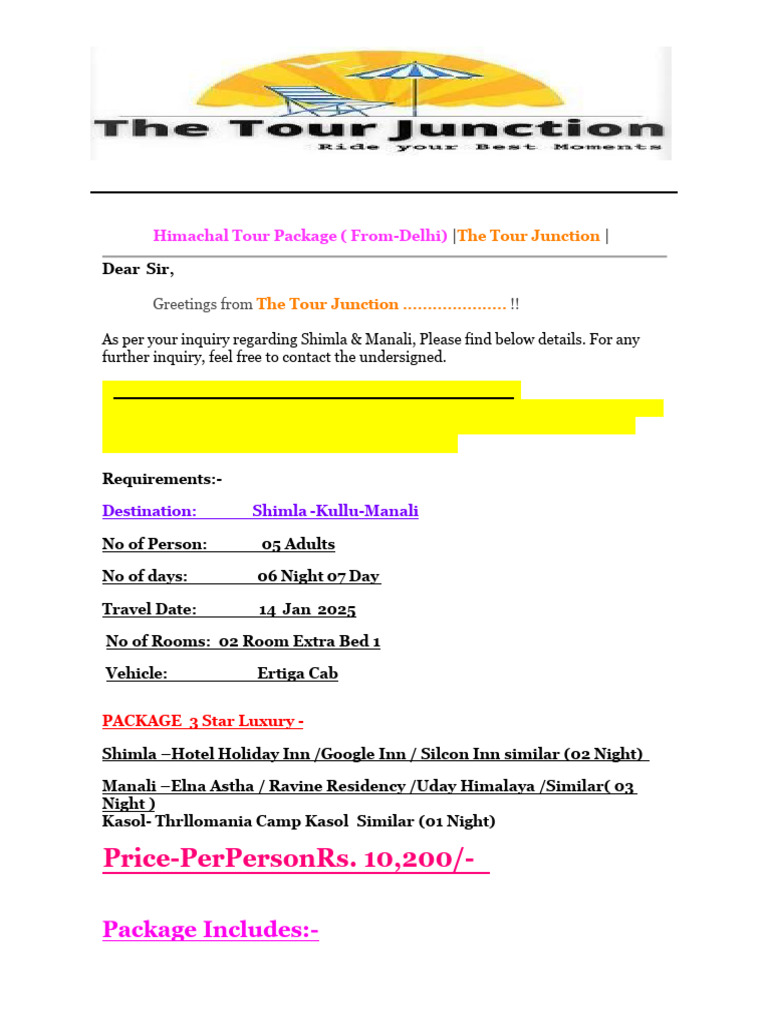 Hello Sir Your Tour Plan Shimla Manali Kasol 06 Night 07 Day 10 Jan ...