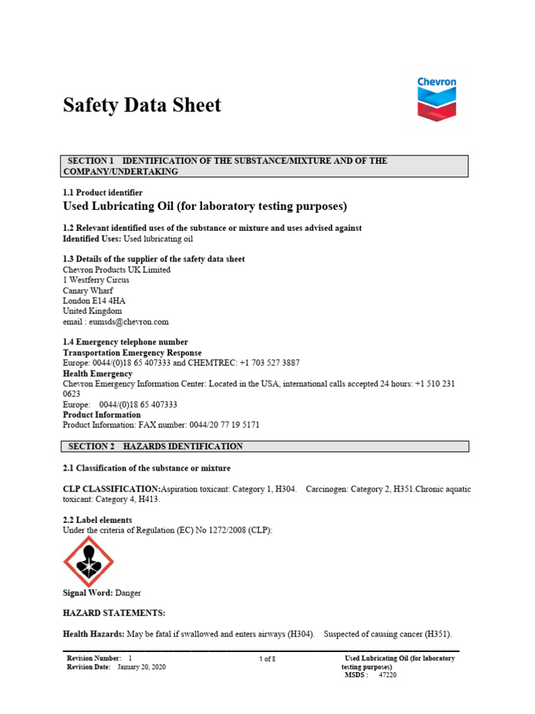Used Lubricating Oil SDS | PDF | Personal Protective Equipment
