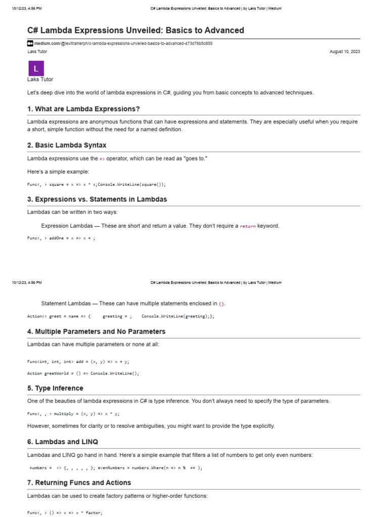 C# Lambda Expressions Unveiled - Basics To Advanced - by Laks Tutor - Medium | PDF | Anonymous ...
