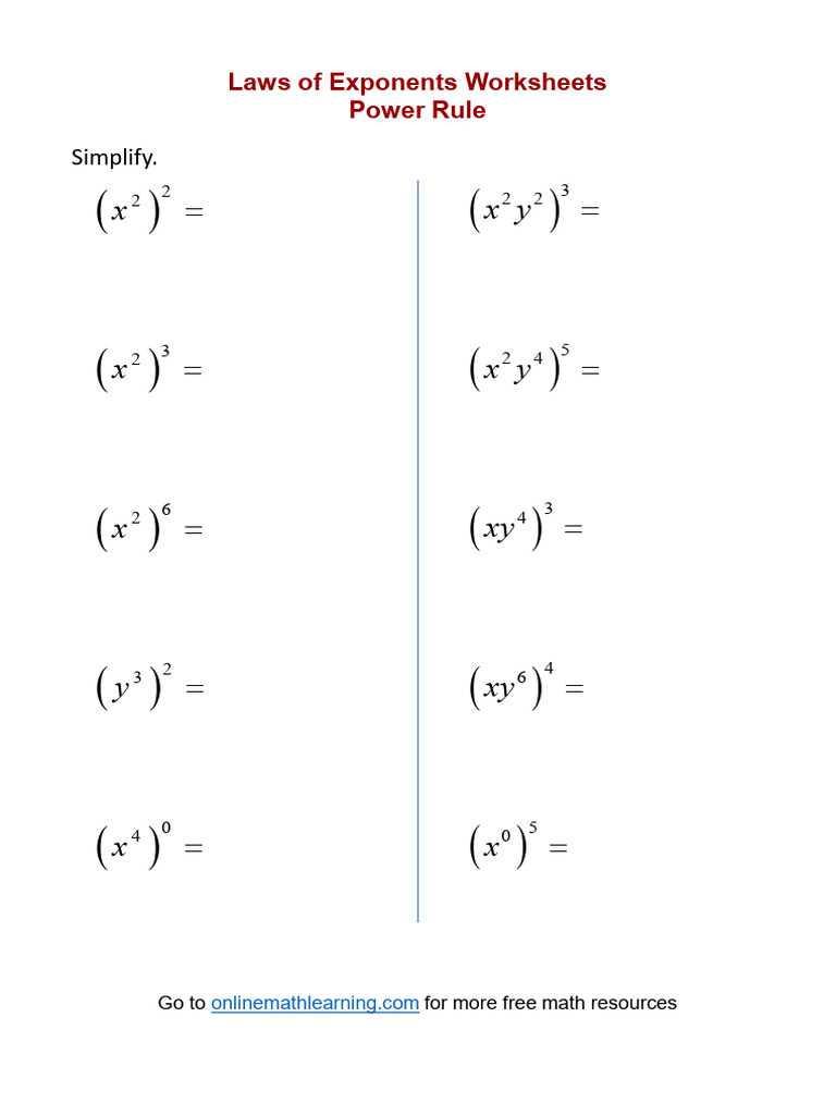 Power Rule Exponents Worksheet | PDF