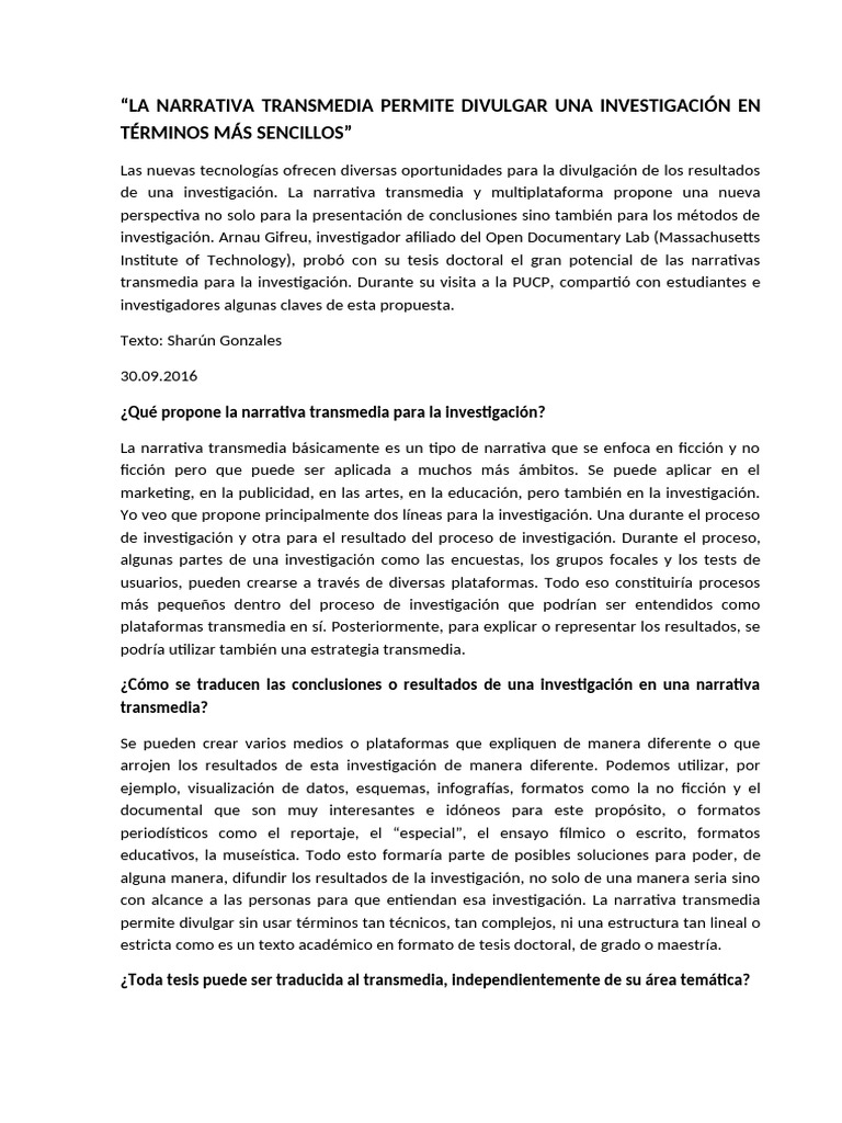 Narrativa Transmedia en Investigación | PDF