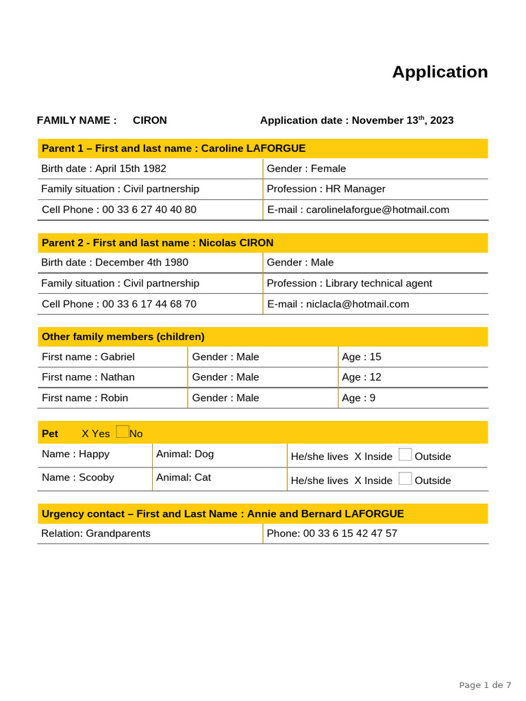 Family Application for Student Exchange | PDF