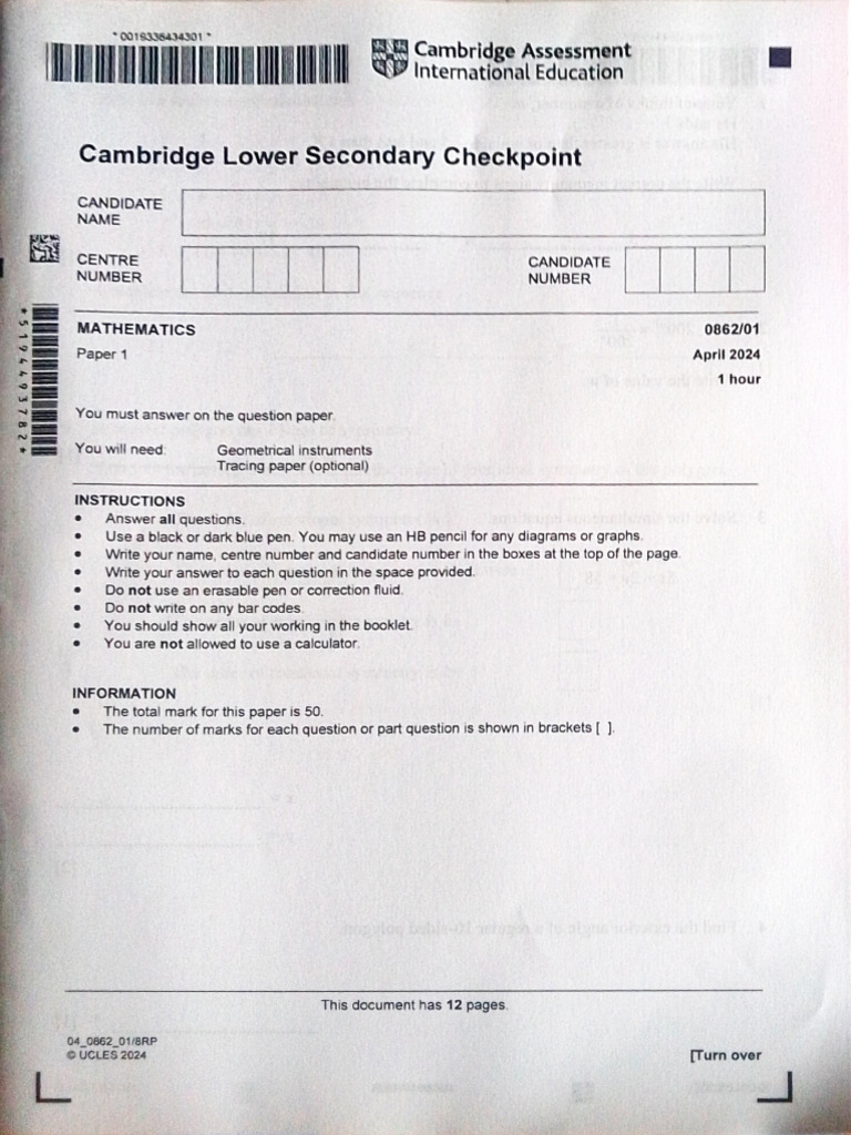 Cambridge Checkpoint Mathematics Paper 1 | PDF
