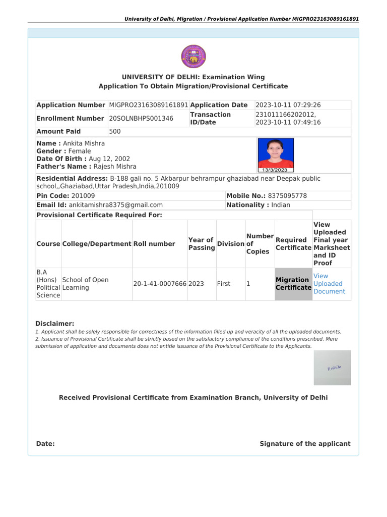 MIGPRO23163089161891 Migration Provisional Certificate | PDF