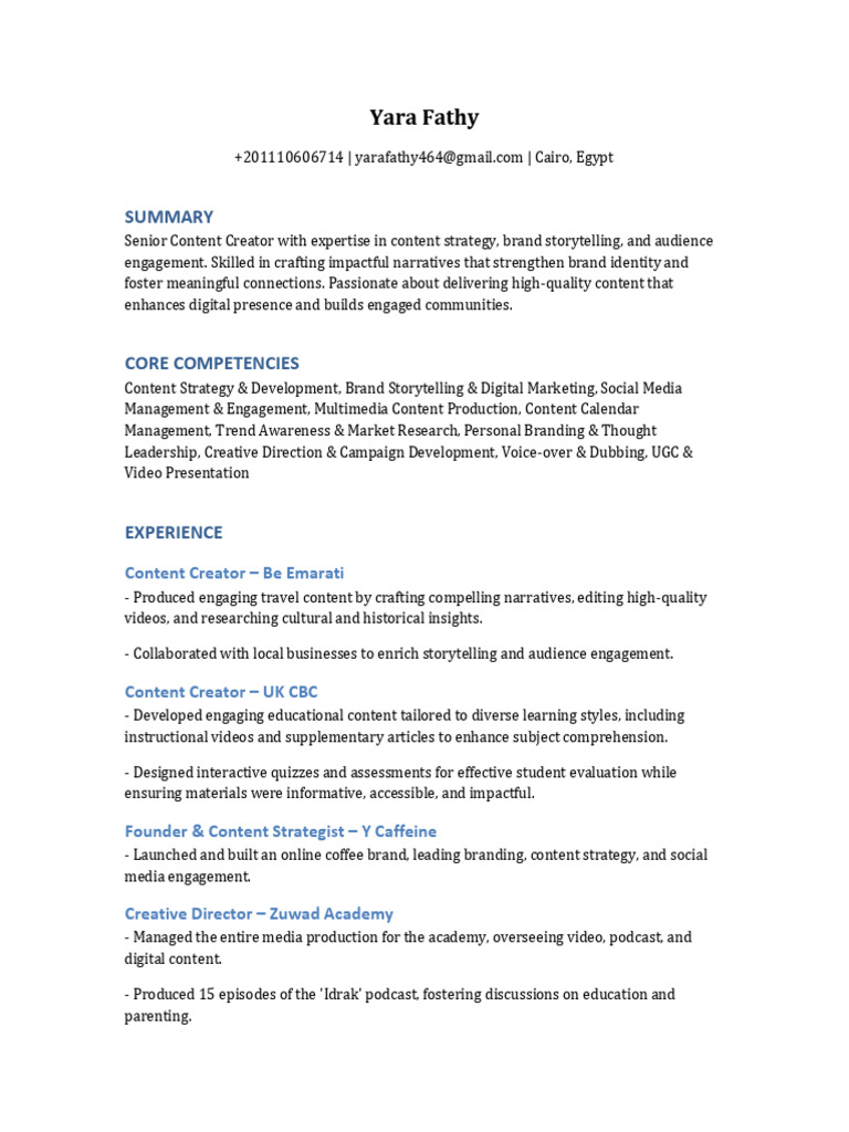 Yara Fathy Senior Content Creator | PDF | Brand | Storytelling