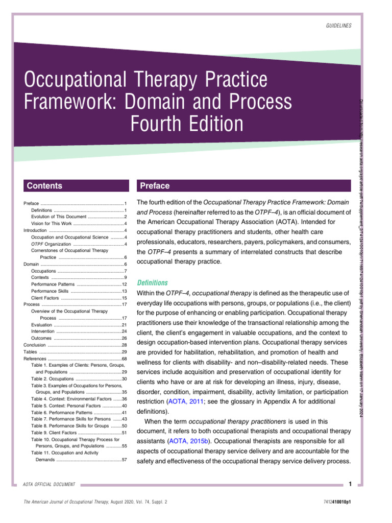 Occupational Therapy Practice Framework: Domain and Process Fourth Edition (OTPF) | PDF ...