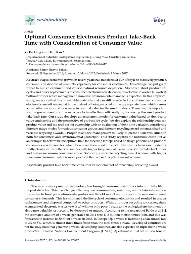 Optimal Consumer Electronics Product Take-Back Tim | PDF | Electronic ...