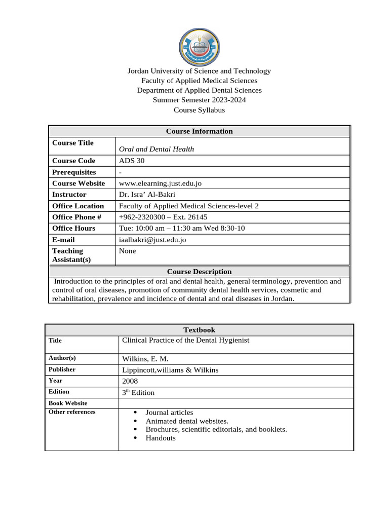 Oral and Dental Health Course Syllabus | PDF | Dentistry | Human Tooth