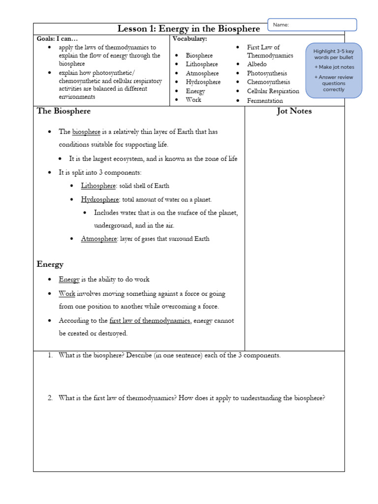 Lesson 1 - Energy in Biosphere | PDF | Biology | Nature
