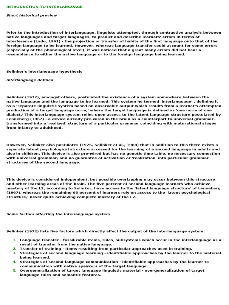 Introduction To Interlanguage | PDF | Second Language | Sociolinguistics