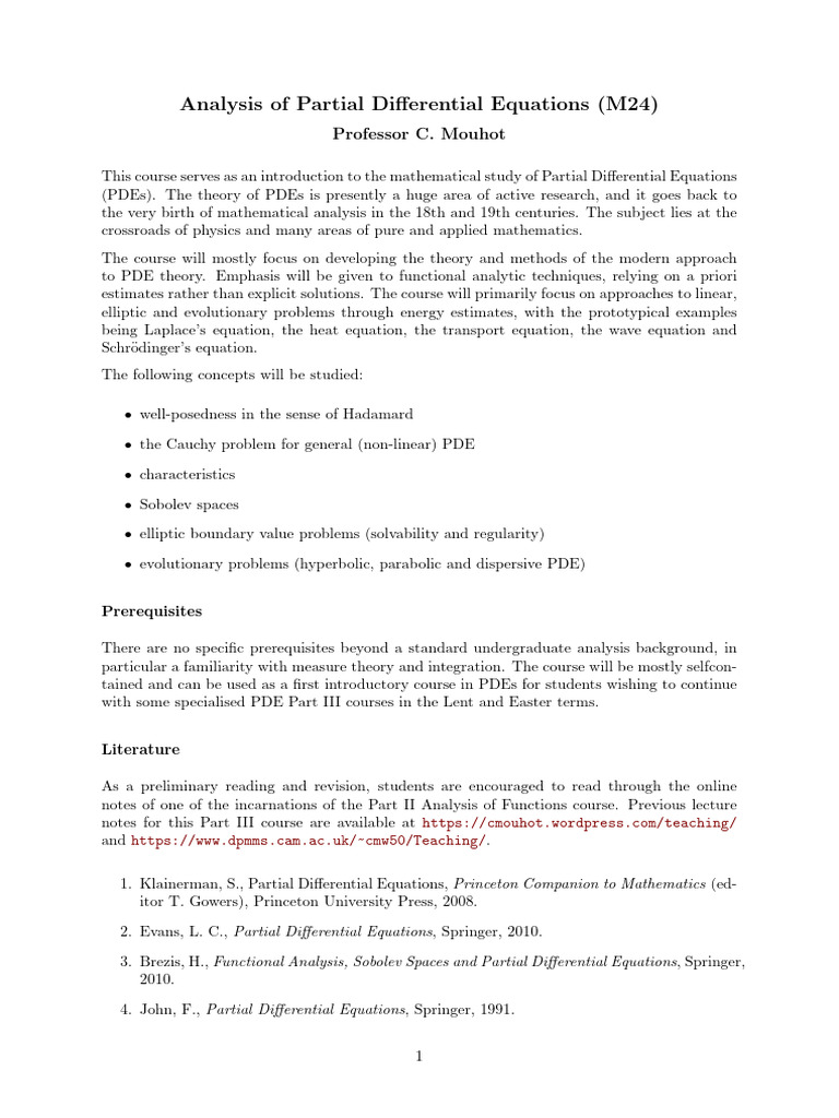 Introduction to PDEs Course Guide | PDF | Partial Differential Equation | Mathematical Analysis