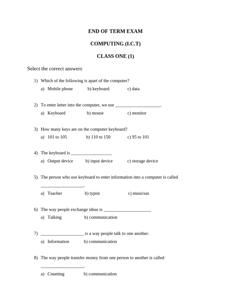END OF TERM EXAM CLASS ONE ICT | PDF | Computer Keyboard | Input/Output