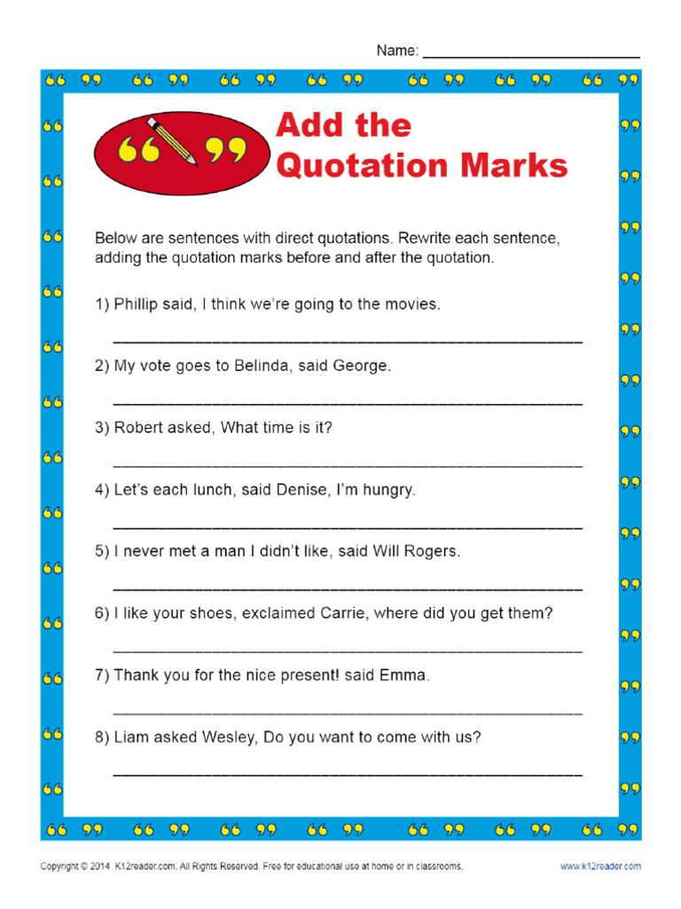 Add The Quotation Marks Worksheet - Punctuation Worksheets | PDF