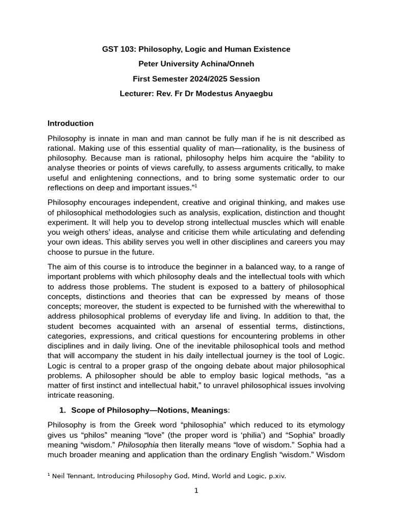 GST 103 Philosophy, Logic and Human Existence Year 2024_2025 | PDF ...