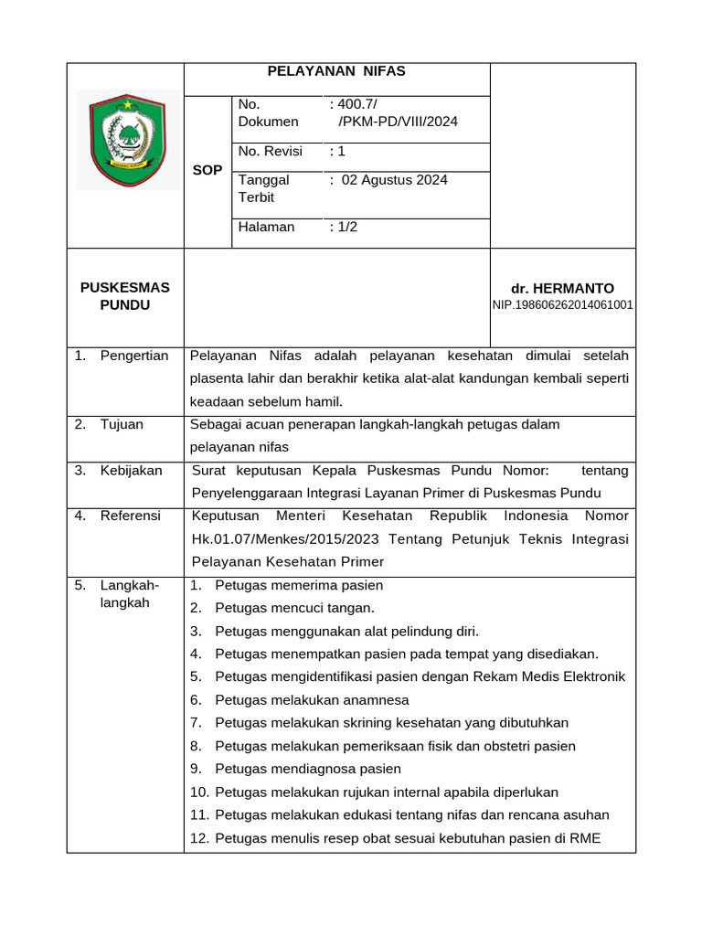 Panduan Pelayanan Nifas Puskesmas Pundu | PDF