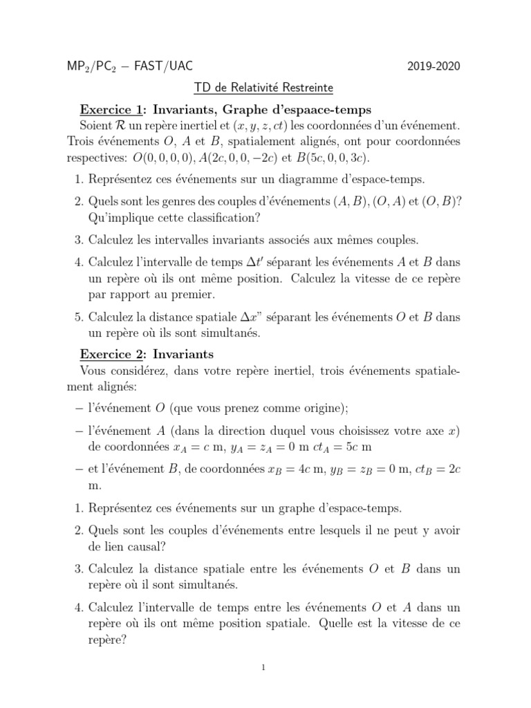 TD de Relativité Restreinte: Invariants et Vitesses | PDF | Vitesse ...