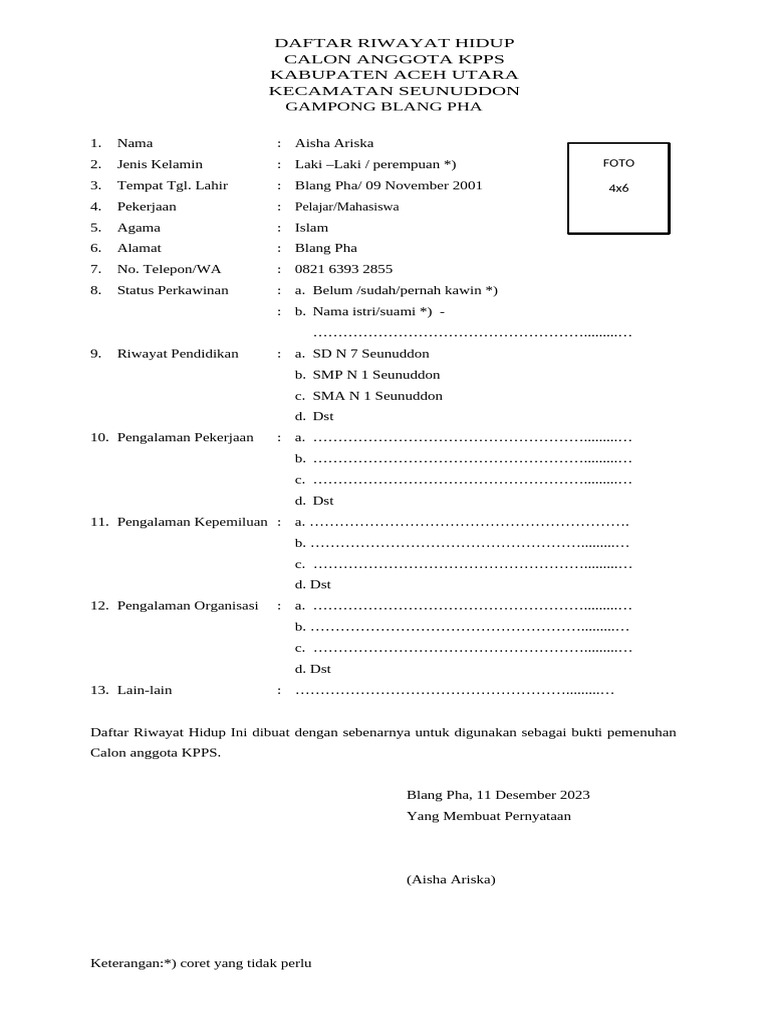 Daftar Riwayat Hidup KPPS | PDF