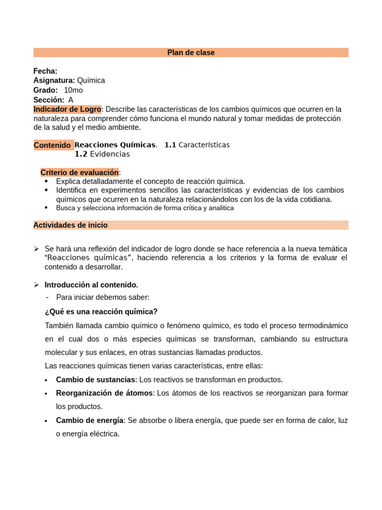 10mo Plan Reacciones Quimicas | PDF | Reacciones químicas | Química