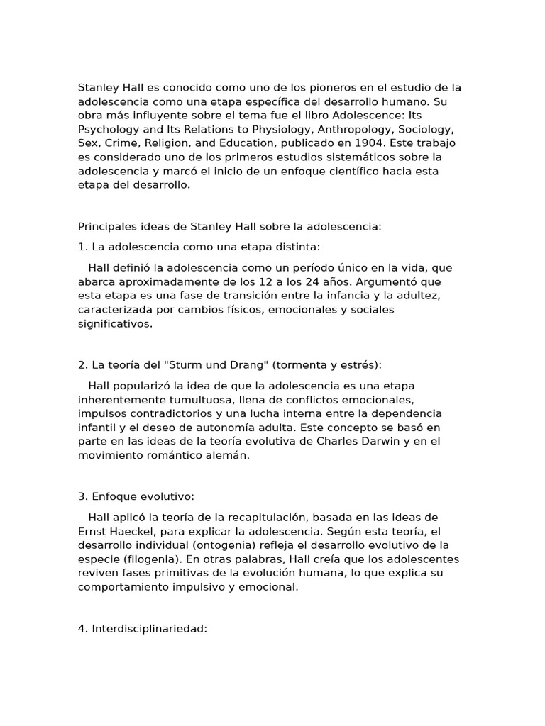 Aportaciones de Stanley Hall a la Adolescencia | PDF | Evolución ...