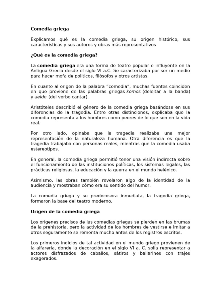 Comedia Griega: Orígenes y Autores | PDF | Grecia | Teatro