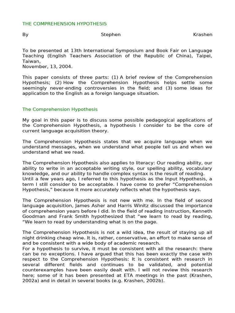 Comprehension Hypothesis in Language Acquisition | PDF | Reading Comprehension | Second Language