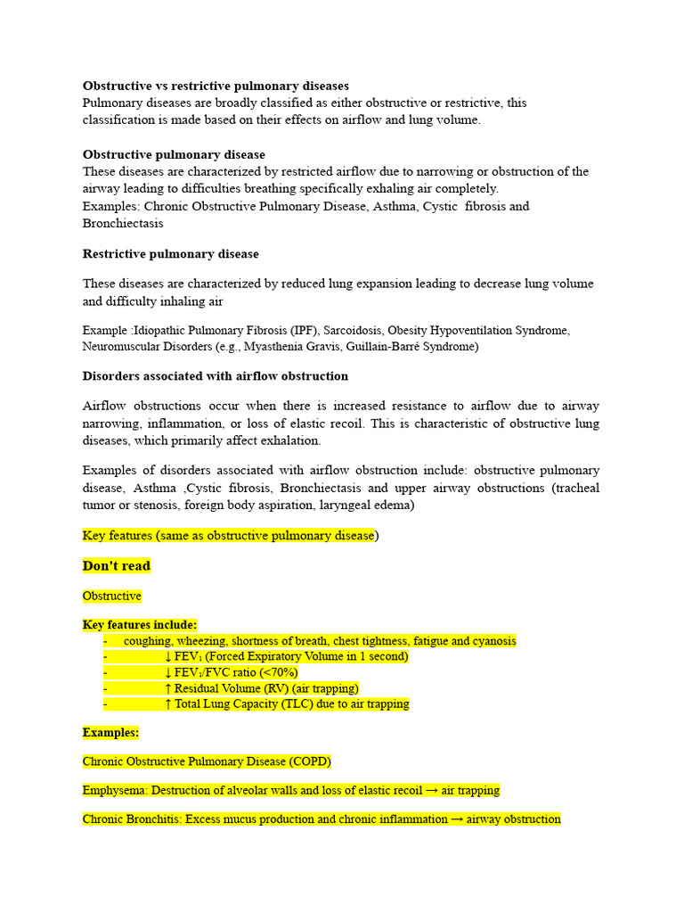 Obstructive vs Restrictive Lung Diseases | PDF | Lung | Mucus