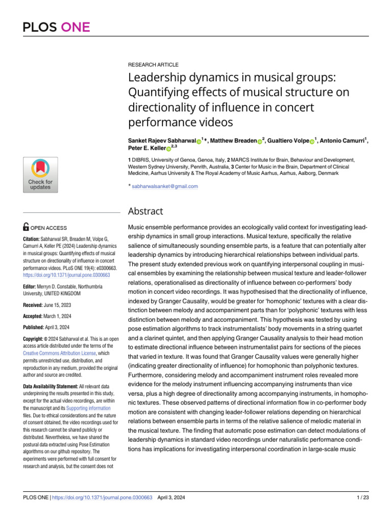 Leadership Dynamics in Musical Groups: Quantifying Effects of Musical ...