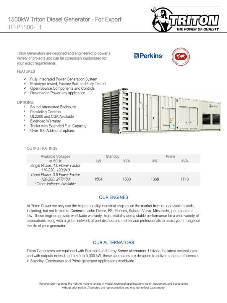 Specifications 1500 KW TP-P1500-T1-60 | PDF | Engines | Vehicle Technology