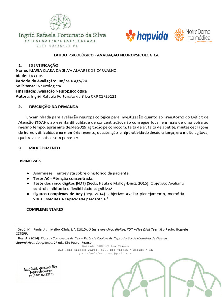 Laudo Maria Clara Da Silva Alvarez de Carvalho | PDF | Transtorno de ...