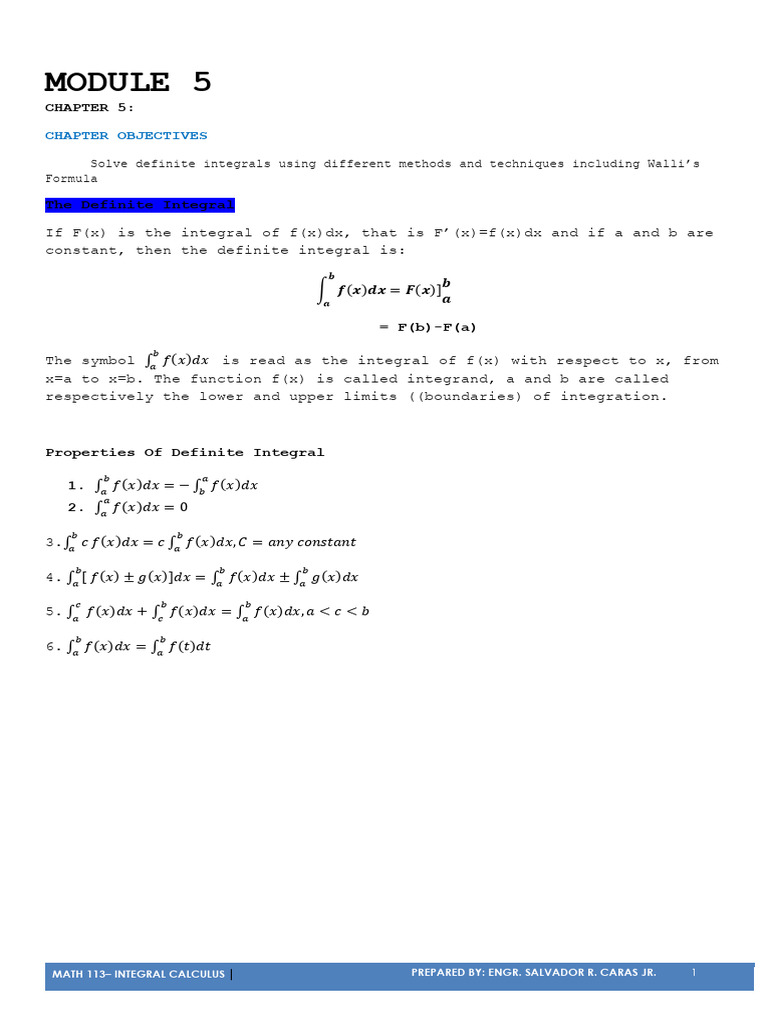 MODULE-5-Definite Integrals | PDF | Integral | Mathematical Analysis