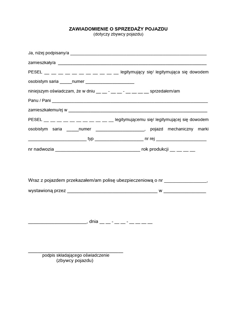 Gdubezpieczenia Zawiadomienie o Sprzedazy Pojazdu | PDF