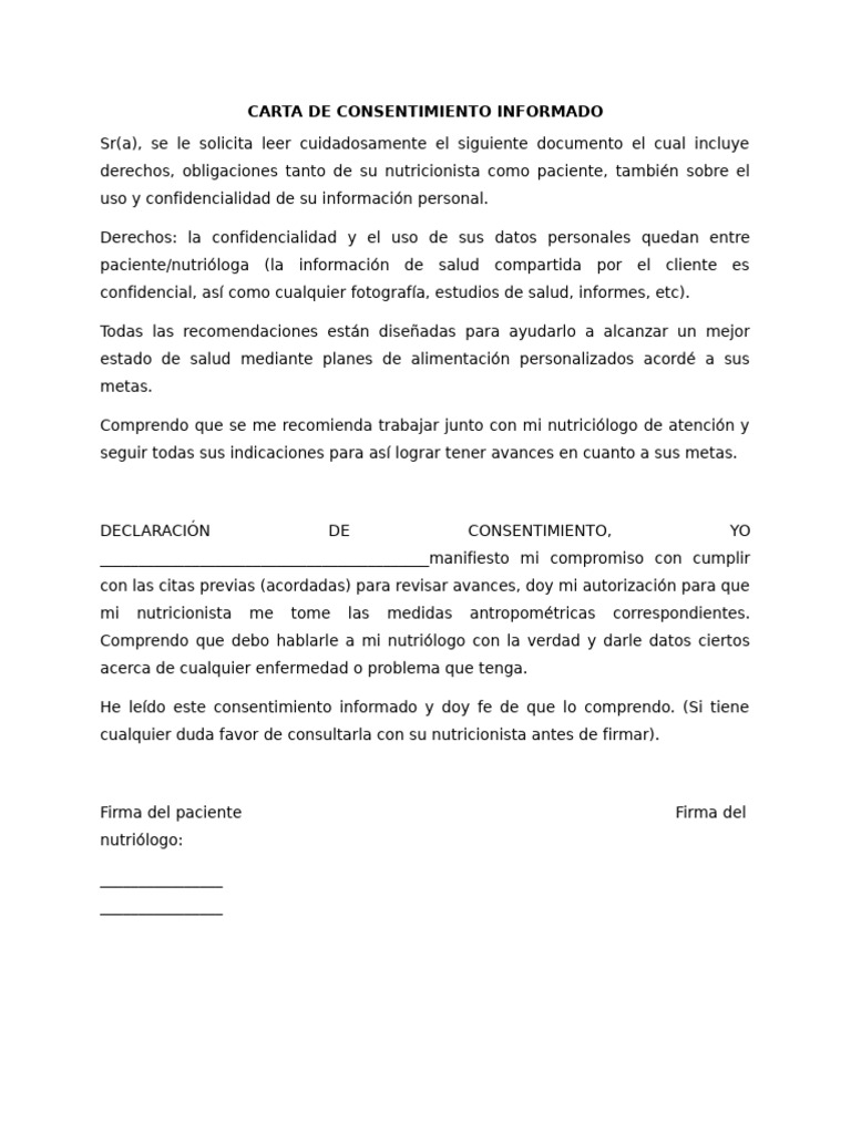 Carta de Consentimiento Nutricional | PDF