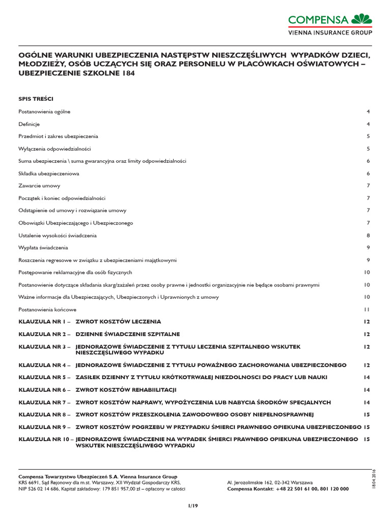 OWU NNW Szkolne 184 | PDF