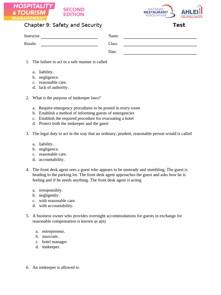 Hotel Safety and Security Test Guide | PDF | Emergency | Justice