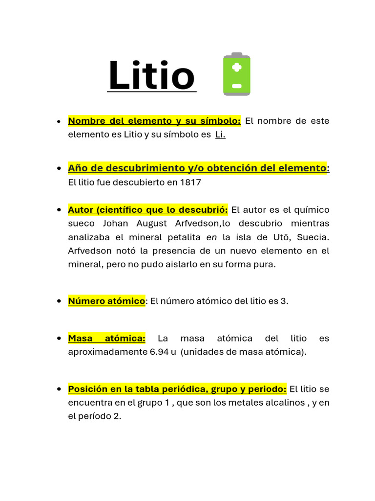 Símbolo y características del litio | PDF