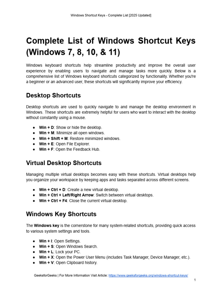 Complete List of Windows Shortcut Keys in 2025 | PDF | Keyboard ...
